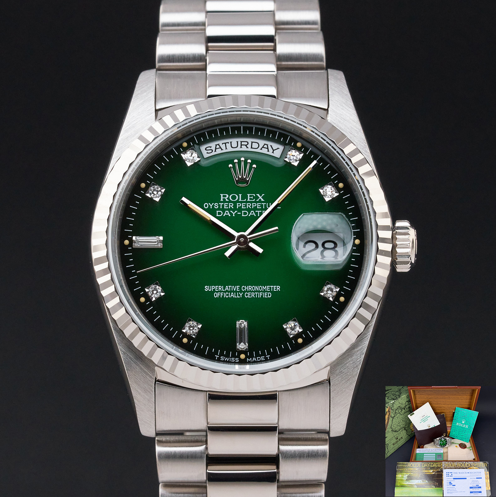 Rolex Day Date President, 18239, 36mm, 1998, White gold, Green Vignette ...