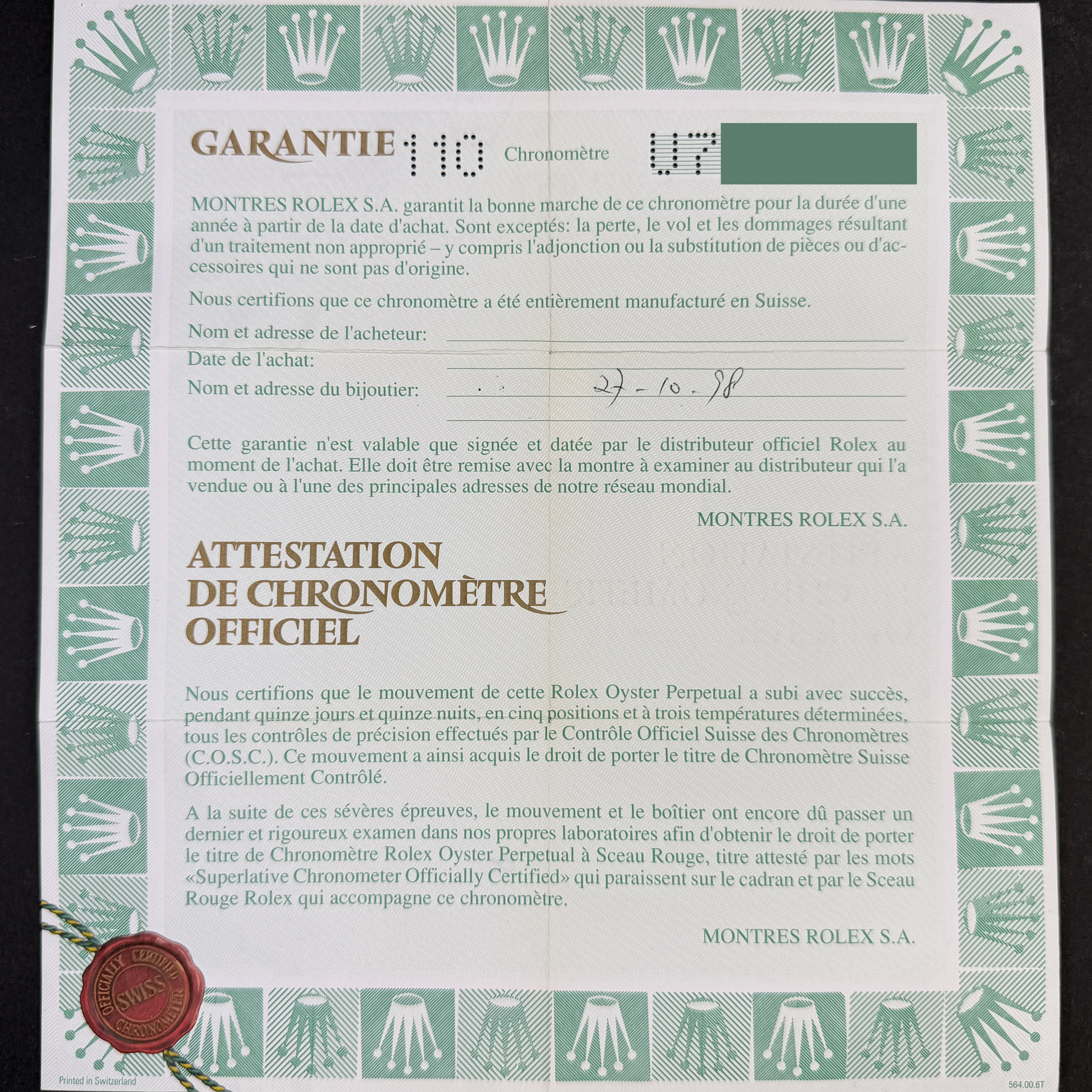 Rolex Day Date President, 18239, 36mm, 1998, White gold, Green Vignette ...