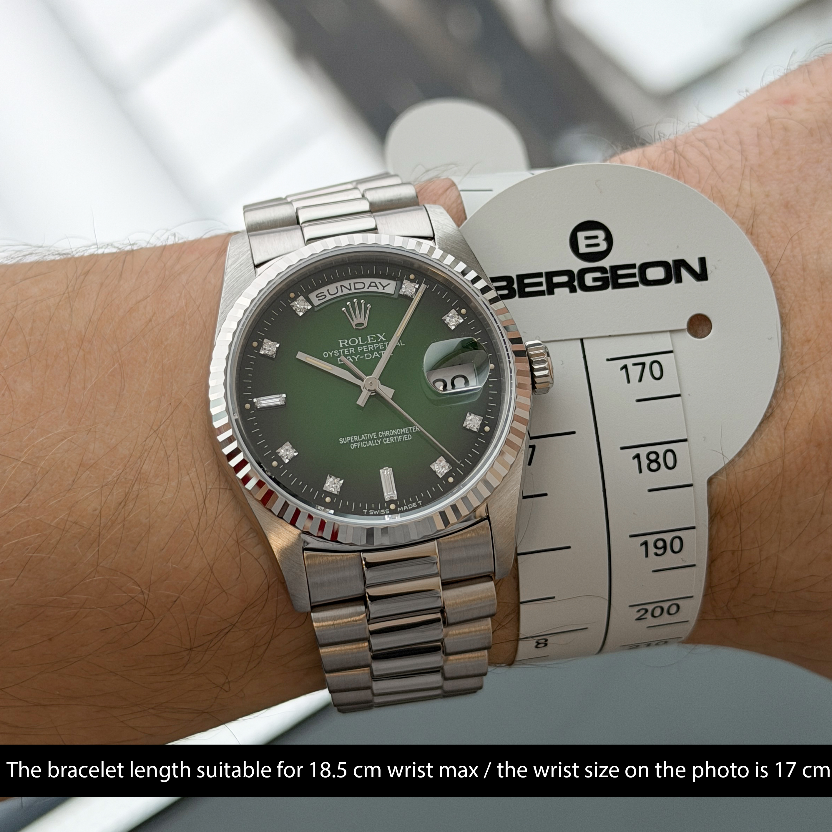 Rolex Day Date President, 18239, 36mm, 1998, White gold, Green Vignette ...